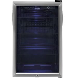 haier 150-can mini fridge with lock & key, glass door, automatic led interior light, 4 full-width glass shelves & adjustable thermostat, stainless steel