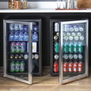 Haier 150-Can Mini Fridge With Lock & Key, Glass Door, Automatic LED Interior Light, 4 Full-Width Glass Shelves & Adjustable Thermostat, Stainless Steel