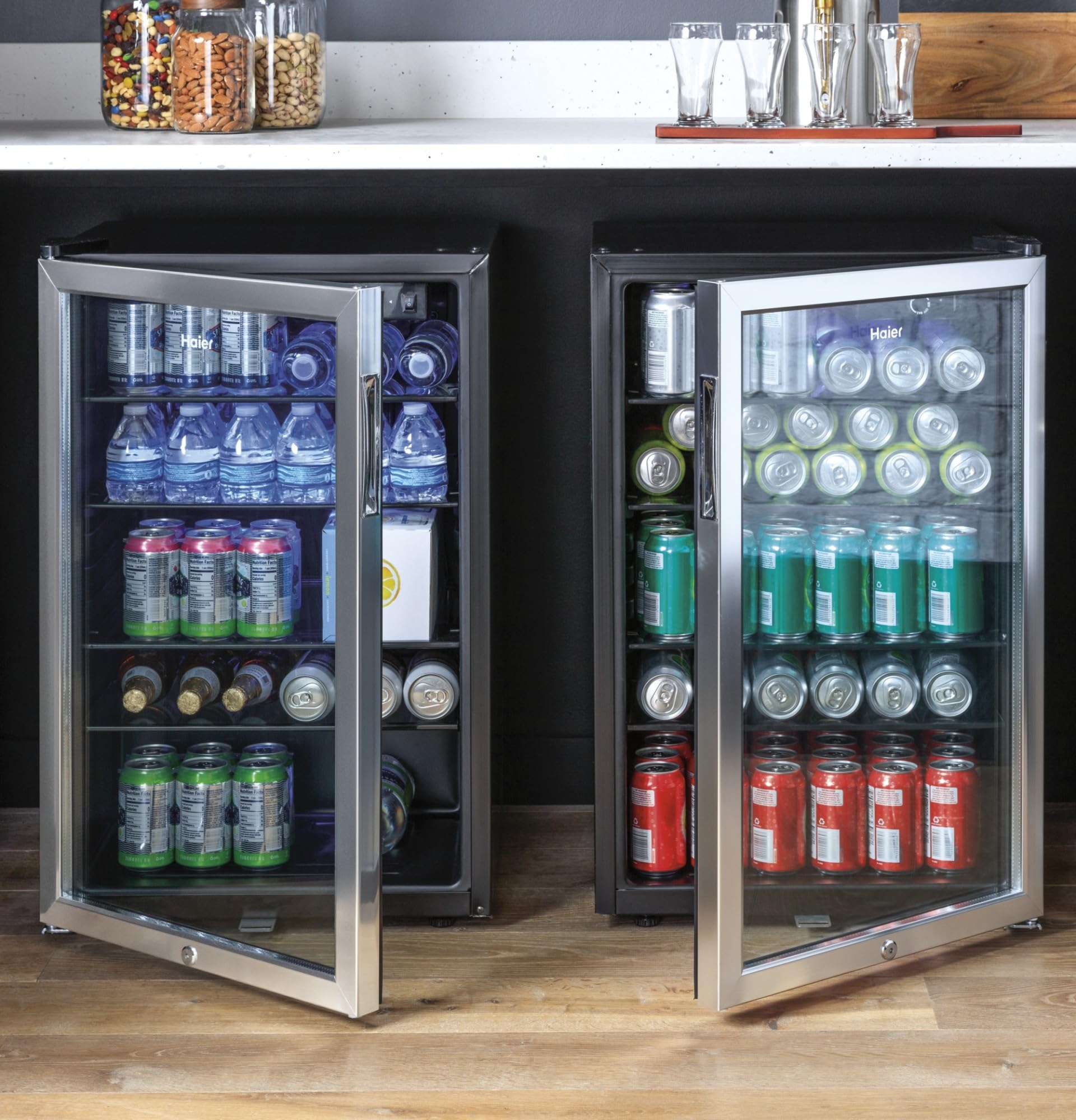 Haier 150-Can Mini Fridge With Lock & Key, Glass Door, Automatic LED Interior Light, 4 Full-Width Glass Shelves & Adjustable Thermostat, Stainless Steel