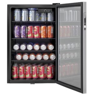 Haier 150-Can Mini Fridge With Lock & Key, Glass Door, Automatic LED Interior Light, 4 Full-Width Glass Shelves & Adjustable Thermostat, Stainless Steel