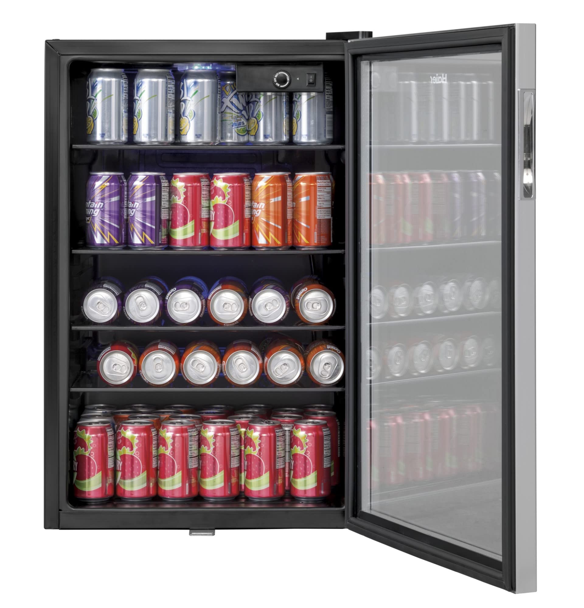 Haier 150-Can Mini Fridge With Lock & Key, Glass Door, Automatic LED Interior Light, 4 Full-Width Glass Shelves & Adjustable Thermostat, Stainless Steel