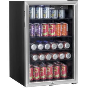 Haier 150-Can Mini Fridge With Lock & Key, Glass Door, Automatic LED Interior Light, 4 Full-Width Glass Shelves & Adjustable Thermostat, Stainless Steel