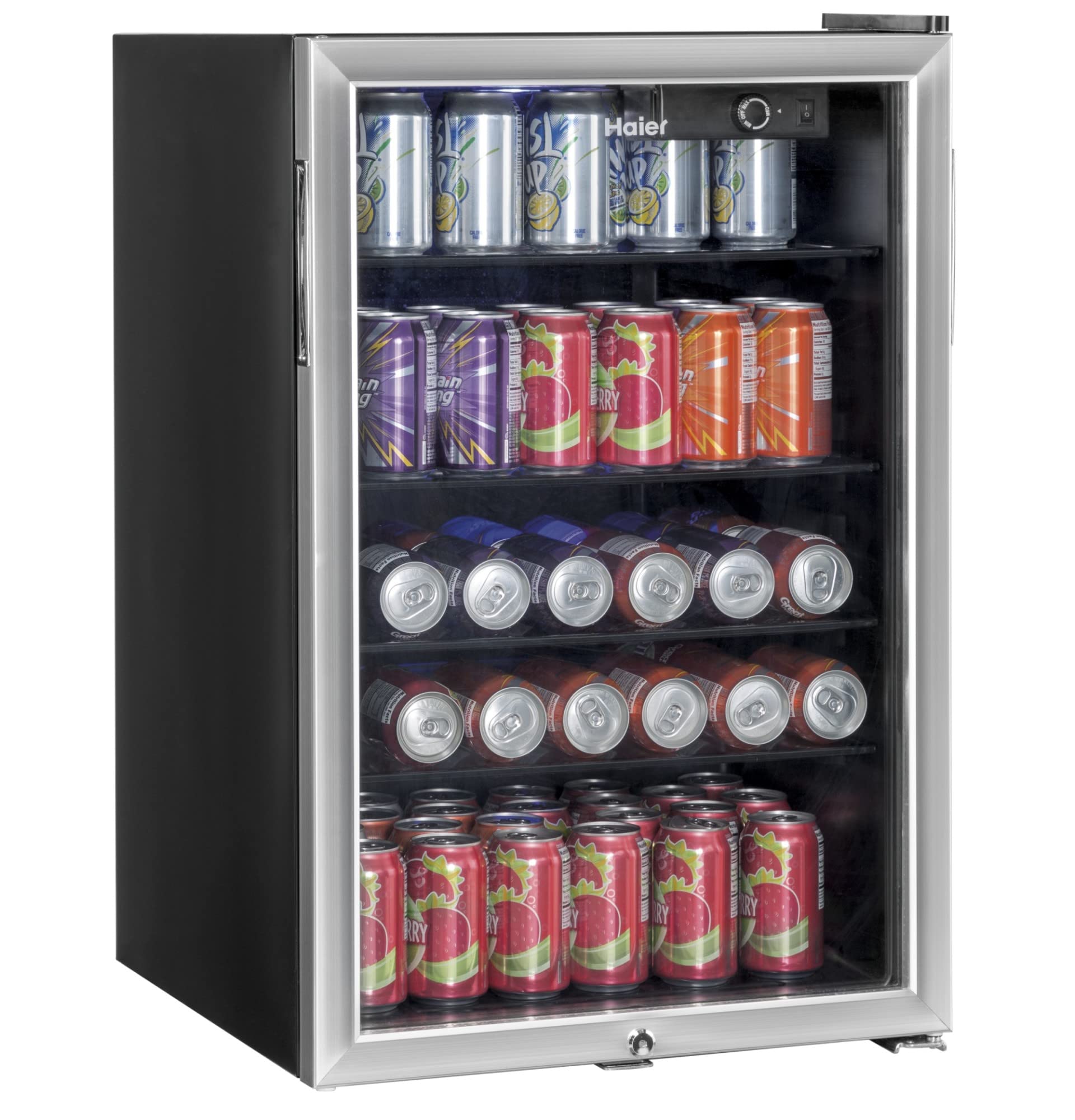 Haier 150-Can Mini Fridge With Lock & Key, Glass Door, Automatic LED Interior Light, 4 Full-Width Glass Shelves & Adjustable Thermostat, Stainless Steel