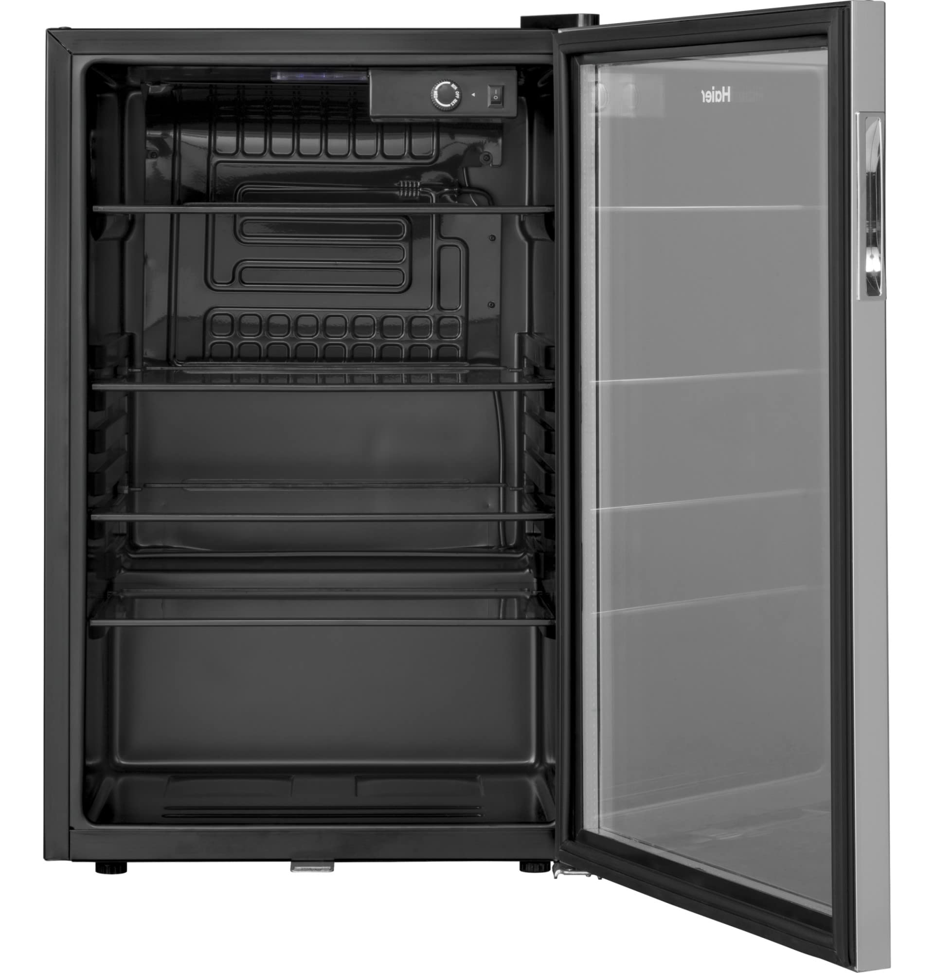 Haier 150-Can Mini Fridge With Lock & Key, Glass Door, Automatic LED Interior Light, 4 Full-Width Glass Shelves & Adjustable Thermostat, Stainless Steel