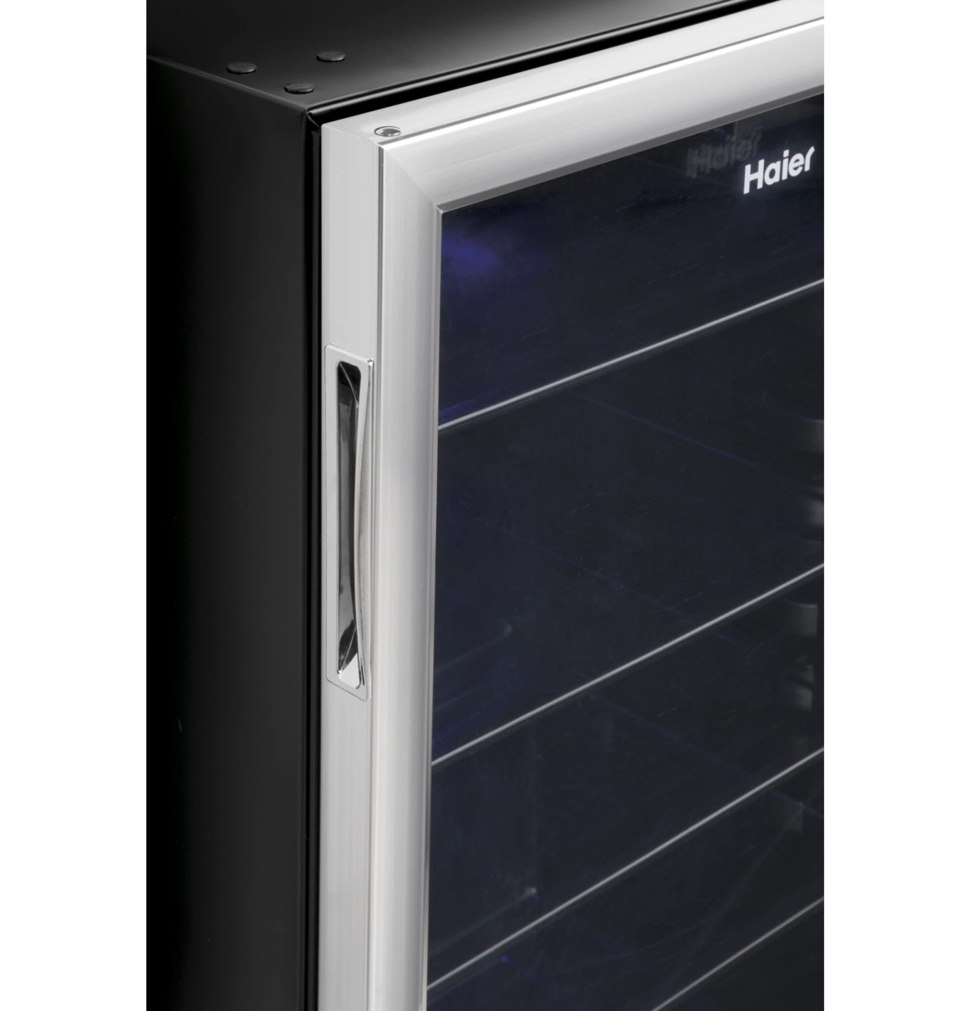 Haier 150-Can Mini Fridge With Lock & Key, Glass Door, Automatic LED Interior Light, 4 Full-Width Glass Shelves & Adjustable Thermostat, Stainless Steel