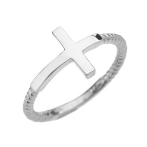 14k white gold twisted rope band sideways cross ring (1.6 mm band width) (size 4.75)