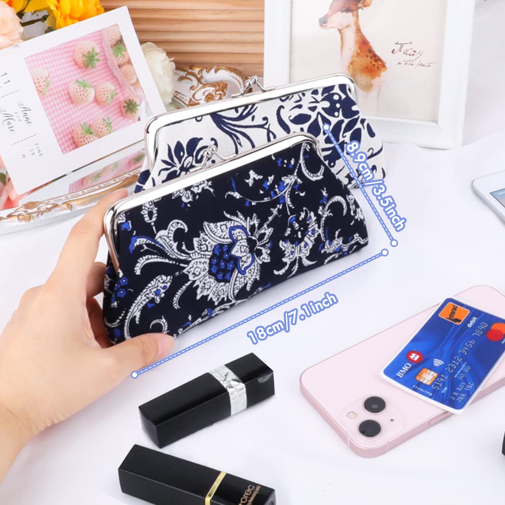 Oyachic 2 Packs Large Floral Coin Purses Canvas Cash Wallet Make Up Cellphone Bag Vintage Change Pouch Key Holder Kiss lock Clasp Clutch