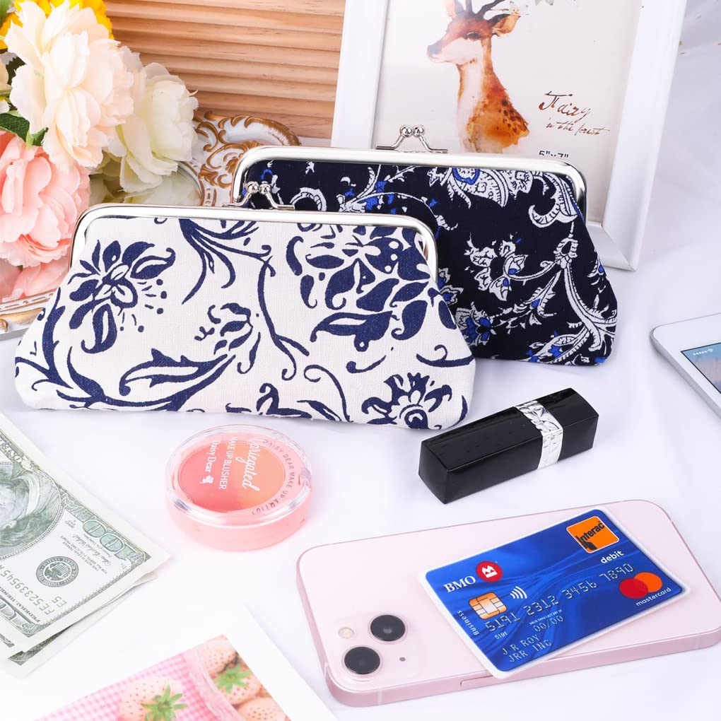 Oyachic 2 Packs Large Floral Coin Purses Canvas Cash Wallet Make Up Cellphone Bag Vintage Change Pouch Key Holder Kiss lock Clasp Clutch