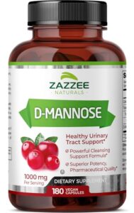 zazzee d-mannose, 1000 mg per serving, 180 vegan capsules, 3 month supply, potent & fast-acting, certified kosher, 100% pure, all-natural urinary tract health uti support, 100% vegetarian, non-gmo