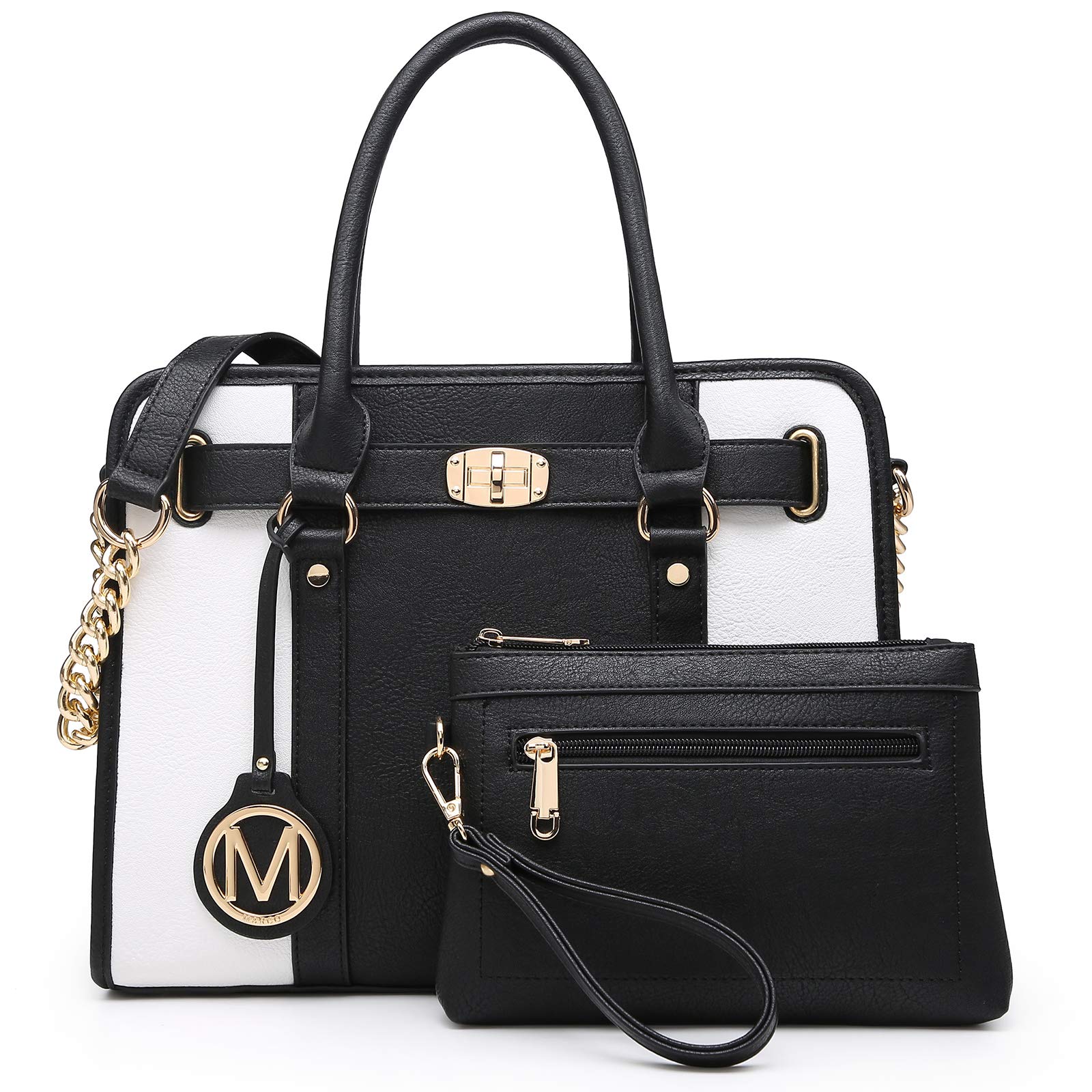 Marco M Kelly Women's Satchel Handbags Top Handle Stylish Purse Vegan Leather Shoulder Bags for Women Wallet Set (Black/White)