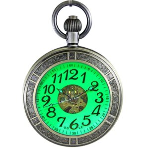 ogle waterproof magnifier skeleton chain silver luminous fob self winding automatic mechanical pocket watch (bronze luminous)