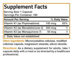 Vitamin K Triple Play (Vitamin K2 MK7 / Vitamin K2 MK4 / Vitamin K1) Full Spectrum Complex Vitamin K Supplement, 180 Capsules