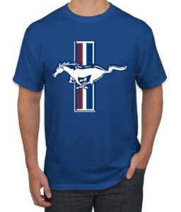 ford mustang retro usa vintage logo classic bar cars and trucks men's graphic t-shirt, royal, medium