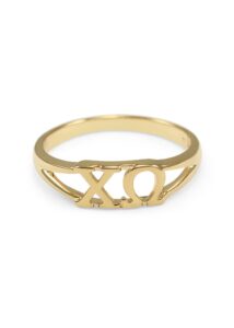 the collegiate standard chi omega 14k gold plated sorority ring with greek letters