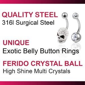 bodyjewellery 2 pcs 14g 3/8 Inch 10mm Skull Crystal Belly Button Bar Ring Implant Grade Surgical Steel Navel Barbell Piercing (Clear)