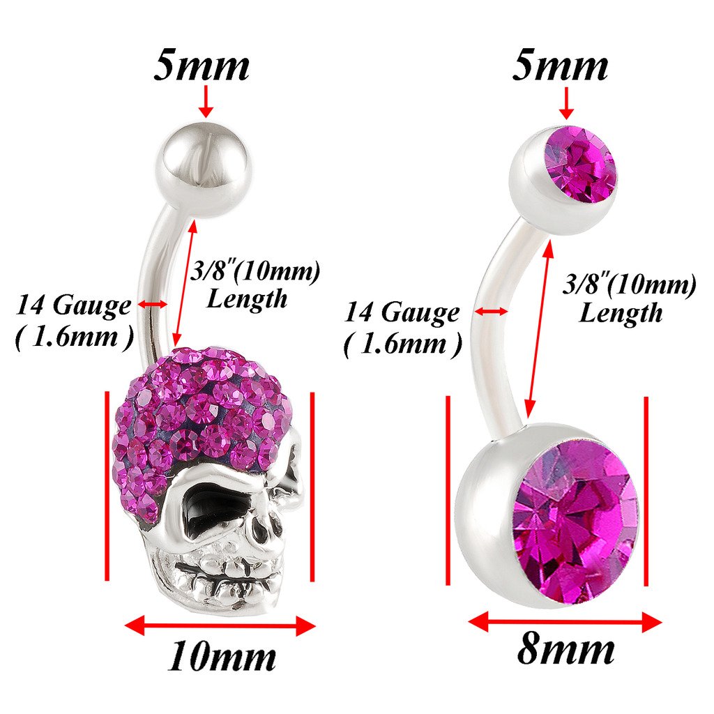 bodyjewellery 2 pcs 14g 3/8 Inch 10mm Skull Crystal Belly Button Bar Ring Implant Grade Surgical Steel Navel Barbell Piercing (Clear)