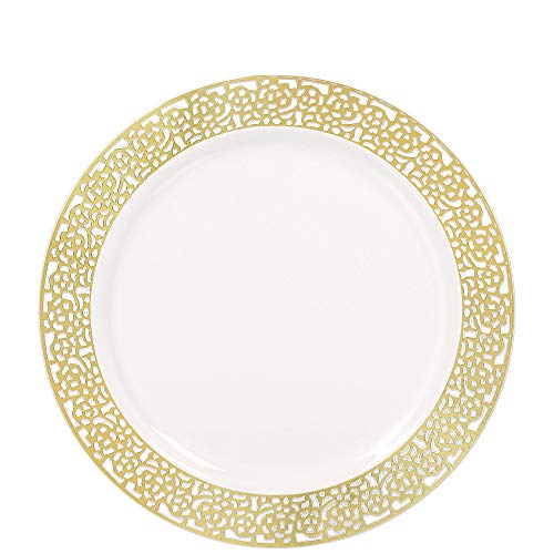 Amscan Premium Plastic Plates | White W/Gold Lace Border | 7.5" | Pack of 20 | Party Supply