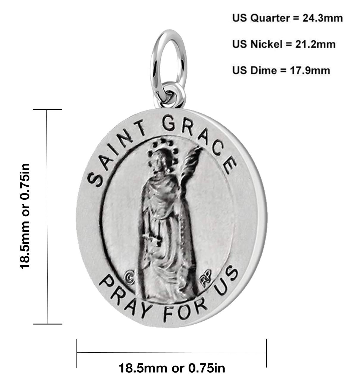 US Jewels Ladies 925 Sterling Silver Saint Grace Medal Pendant, 18.5mm