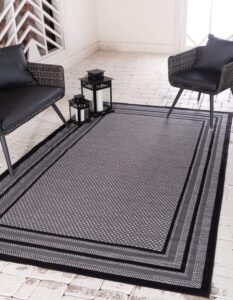 unique loom outdoor border collection area rug - multi border (6' 1" x 9' rectangle, gray/ black)