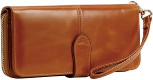 heshe wallet purse for women leather wristlet wallet zipper credit card holder rfid wallet with phone pocket (camel-e)