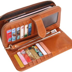 HESHE Wallet Purse for Women Leather Wristlet Wallet Zipper Credit Card Holder Rfid Wallet with Phone Pocket (Camel-E)