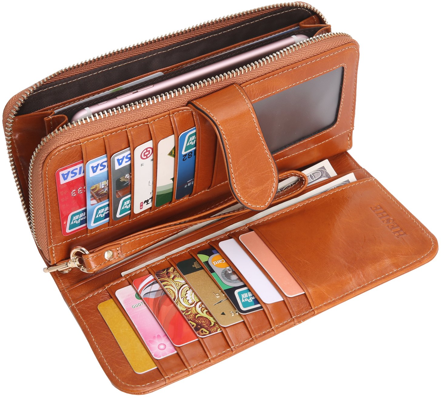 HESHE Wallet Purse for Women Leather Wristlet Wallet Zipper Credit Card Holder Rfid Wallet with Phone Pocket (Camel-E)