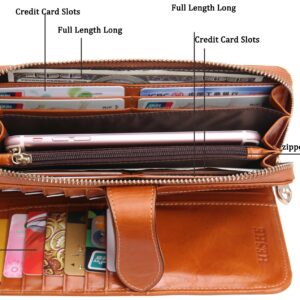 HESHE Wallet Purse for Women Leather Wristlet Wallet Zipper Credit Card Holder Rfid Wallet with Phone Pocket (Camel-E)