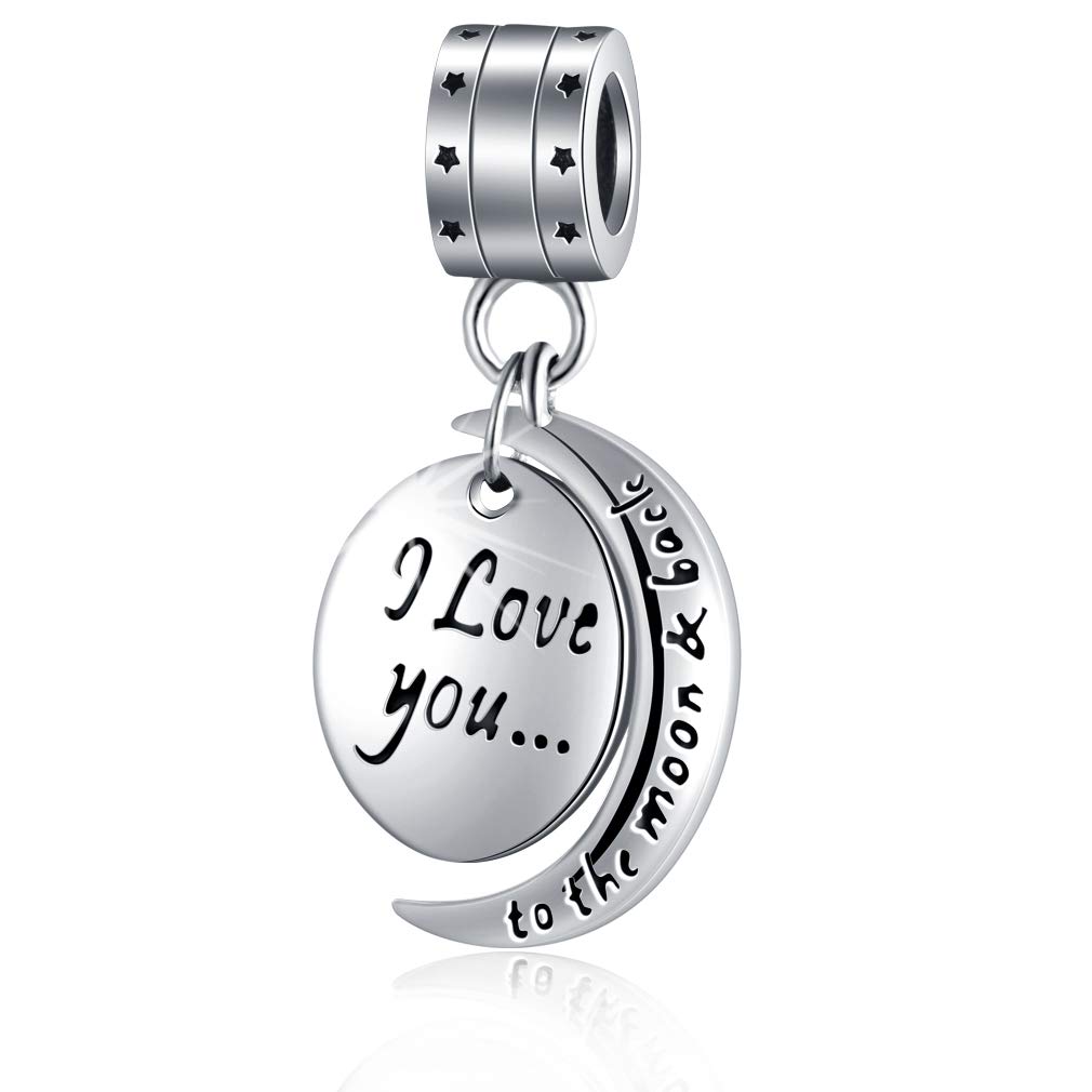 “I Love You To the Moon and Back” for Mom Women, 925 Sterling Silver Dangle Charm Fit Pandora Bracelets Charms, Necklace, Chain