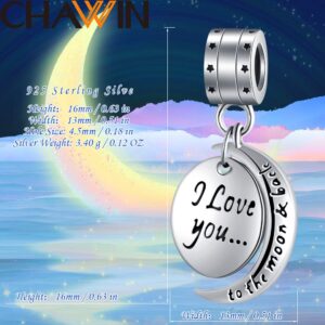 “I Love You To the Moon and Back” for Mom Women, 925 Sterling Silver Dangle Charm Fit Pandora Bracelets Charms, Necklace, Chain