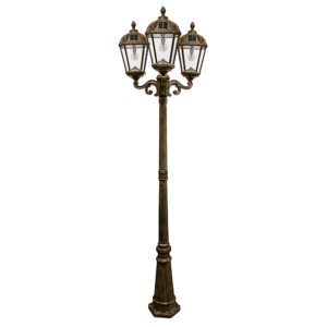 gama sonic royal bulb solar lamp post light kit, 89 inch tall, outdoor triple head weathered bronze cast aluminum, beveled glass post lamp, light pole, warm white light 2700k 98b303 (upgraded panel)