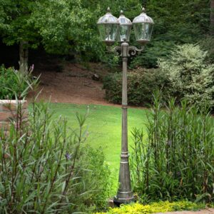 Gama Sonic Royal Bulb Solar Lamp Post Light Kit, 89 inch Tall, Outdoor Triple Head Weathered Bronze Cast Aluminum, Beveled Glass Post Lamp, Light Pole, Warm White Light 2700K 98B303 (Upgraded Panel)