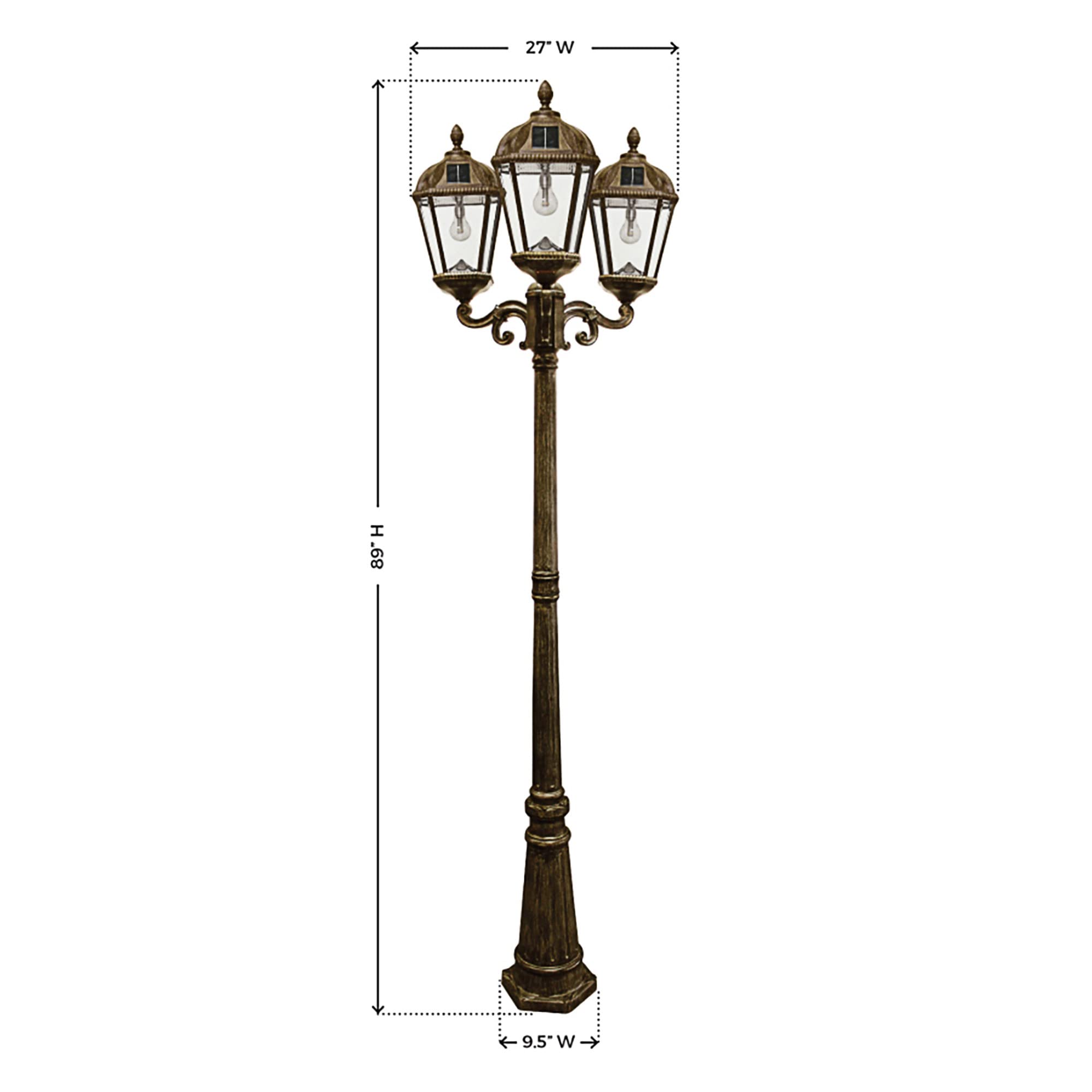 Gama Sonic Royal Bulb Solar Lamp Post Light Kit, 89 inch Tall, Outdoor Triple Head Weathered Bronze Cast Aluminum, Beveled Glass Post Lamp, Light Pole, Warm White Light 2700K 98B303 (Upgraded Panel)