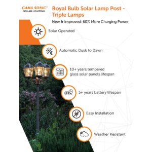 Gama Sonic Royal Bulb Solar Lamp Post Light Kit, 89 inch Tall, Outdoor Triple Head Weathered Bronze Cast Aluminum, Beveled Glass Post Lamp, Light Pole, Warm White Light 2700K 98B303 (Upgraded Panel)