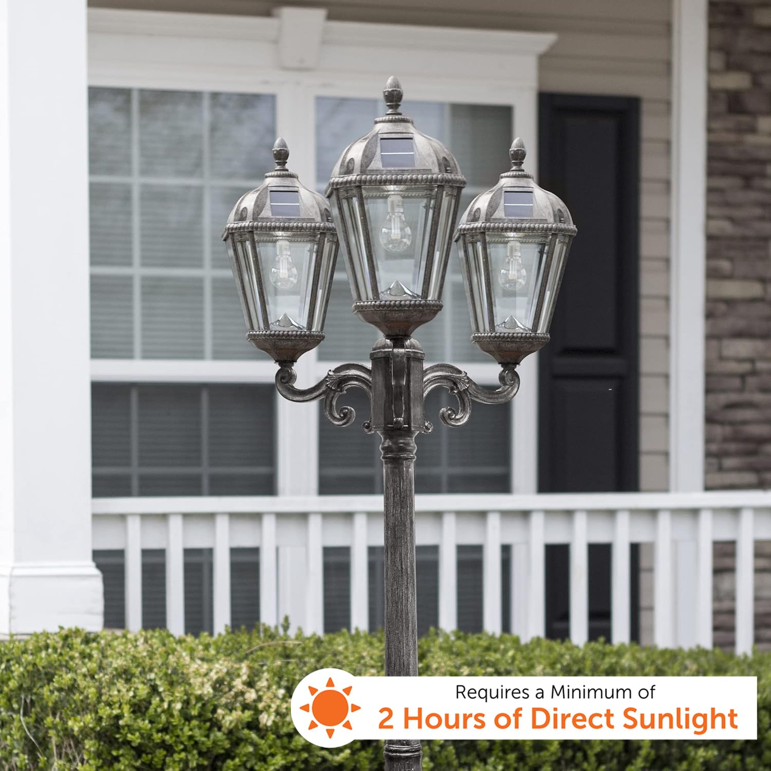 Gama Sonic Royal Bulb Solar Lamp Post Light Kit, 89 inch Tall, Outdoor Triple Head Weathered Bronze Cast Aluminum, Beveled Glass Post Lamp, Light Pole, Warm White Light 2700K 98B303 (Upgraded Panel)