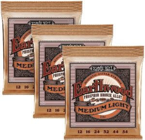 ernie ball earthwood medium light phosphor bronze acoustic guitar strings 3-pack, 12-54 gauge (p03446)