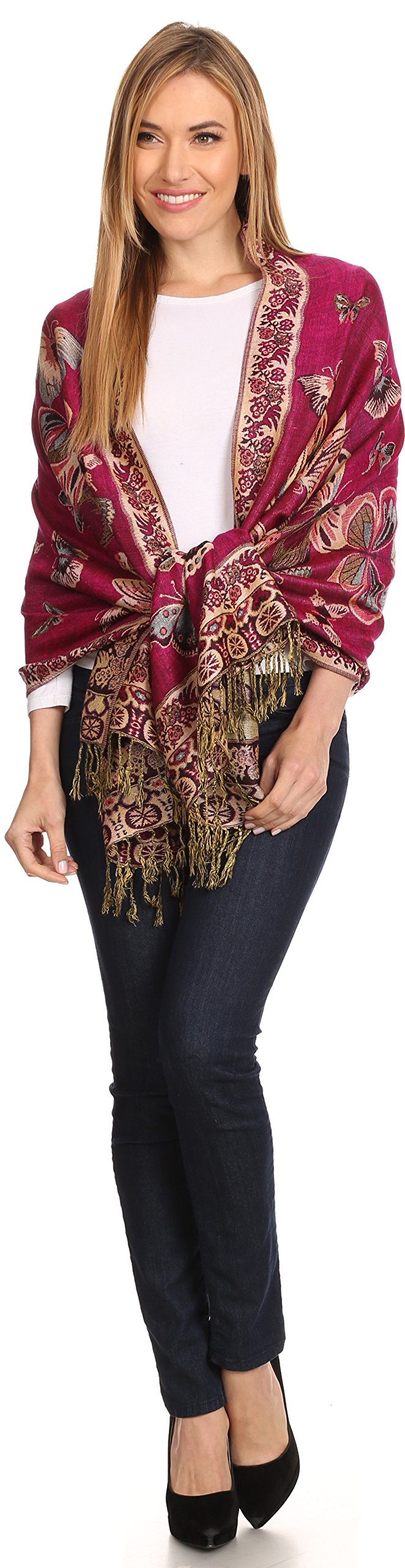 Sakkas 16126 - Liua Long Wide Woven Patterned Design Multi Colored Pashmina Shawl/Scarf - Fuchsia - OS