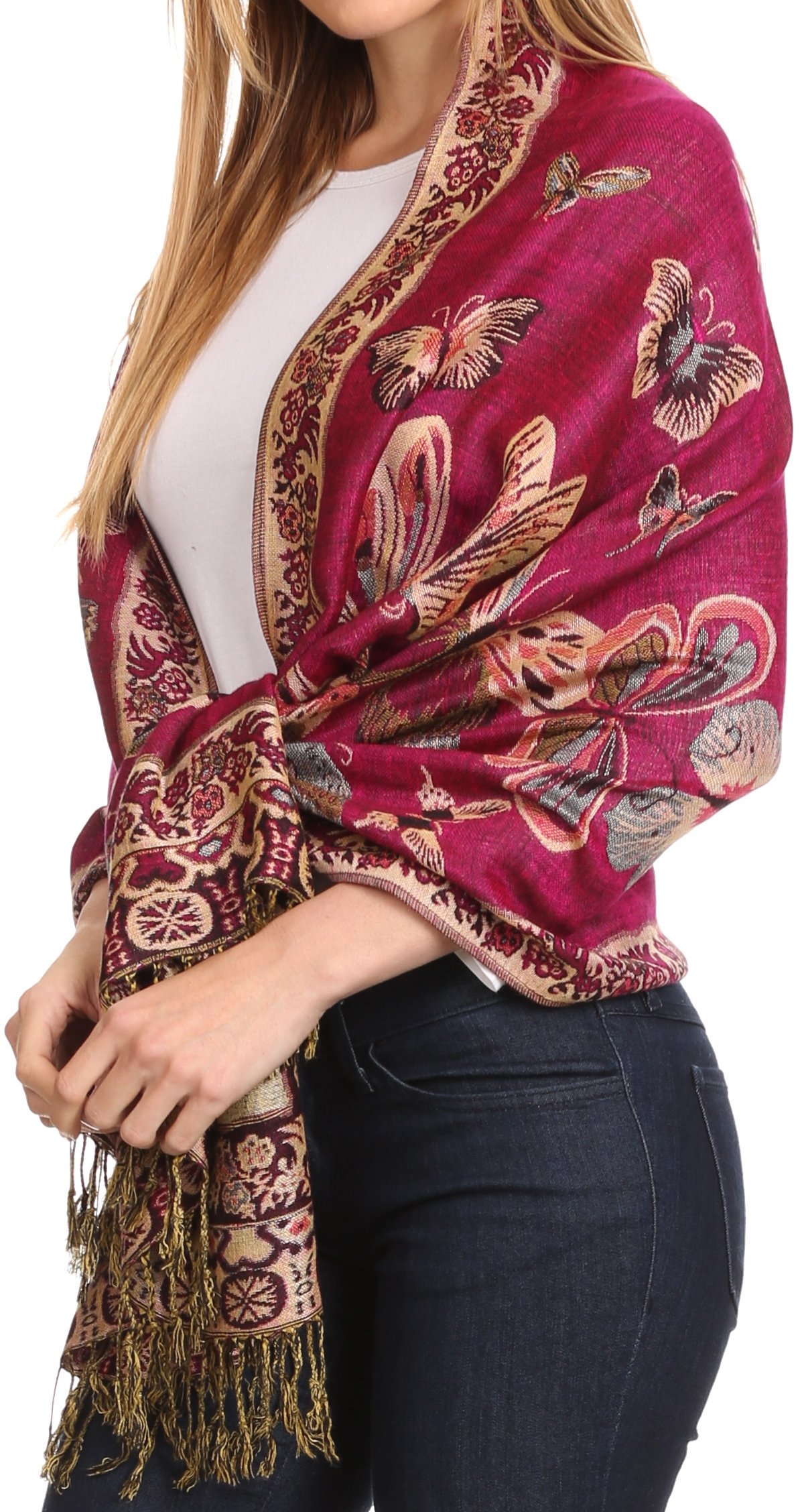 Sakkas 16126 - Liua Long Wide Woven Patterned Design Multi Colored Pashmina Shawl/Scarf - Fuchsia - OS