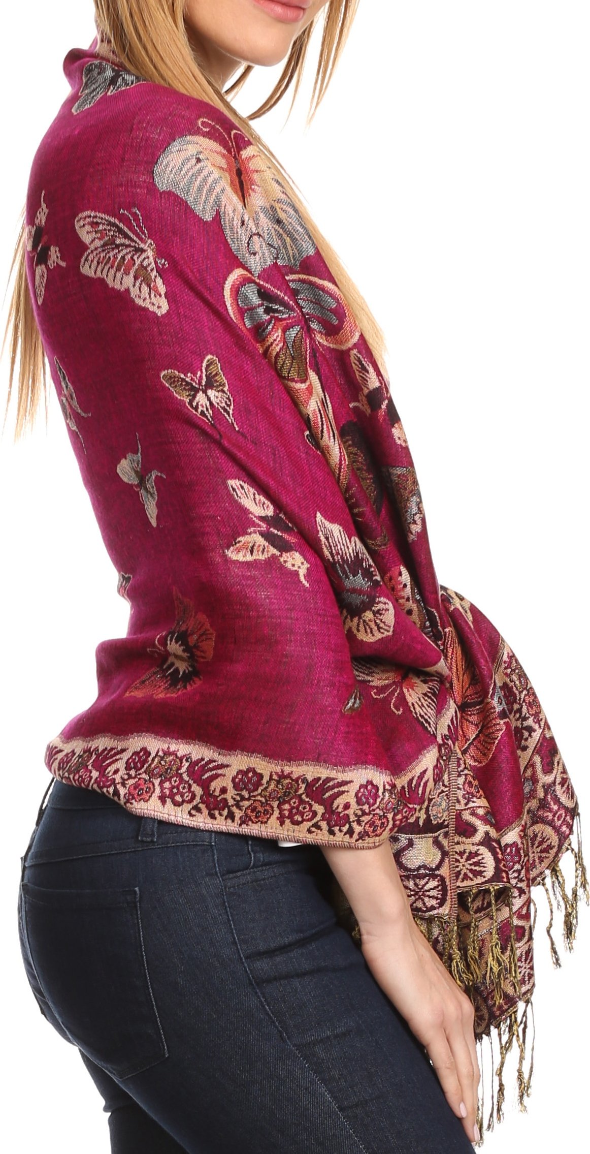 Sakkas 16126 - Liua Long Wide Woven Patterned Design Multi Colored Pashmina Shawl/Scarf - Fuchsia - OS