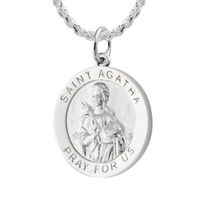 US Jewels Ladies 925 Sterling Silver 18.5mm Saint Agatha Medal Pendant 1.5mm Rope Chain Necklace, 18in