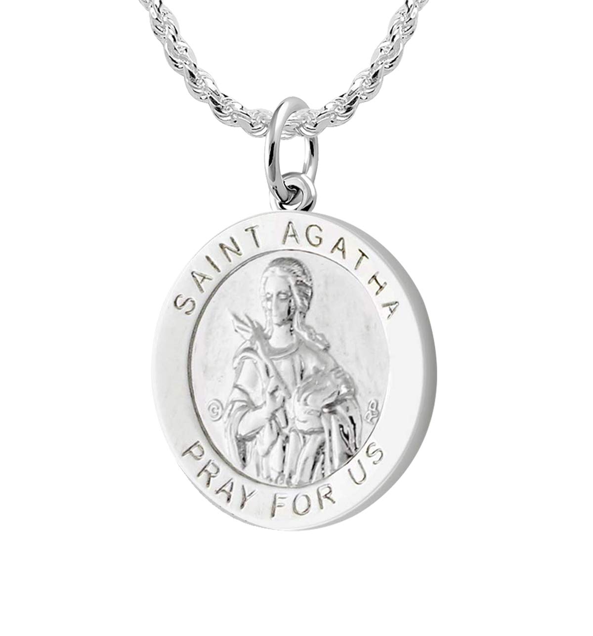 US Jewels Ladies 925 Sterling Silver 18.5mm Saint Agatha Medal Pendant 1.5mm Rope Chain Necklace, 18in