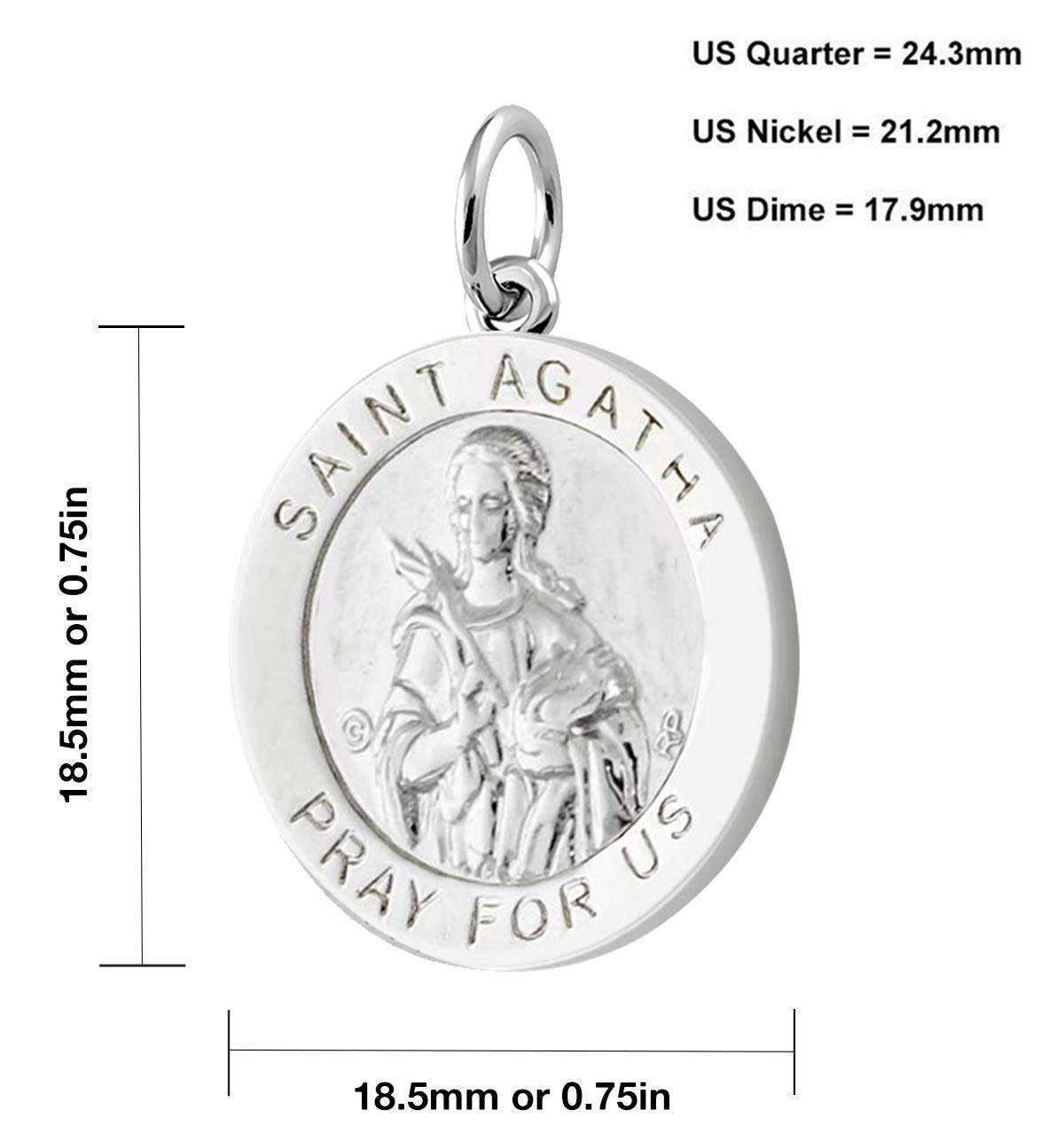 US Jewels Ladies 925 Sterling Silver 18.5mm Saint Agatha Medal Pendant 1.5mm Rope Chain Necklace, 18in