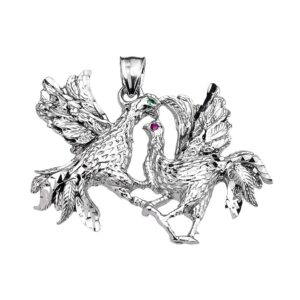 sterling silver red and green cz fighting roosters pendant