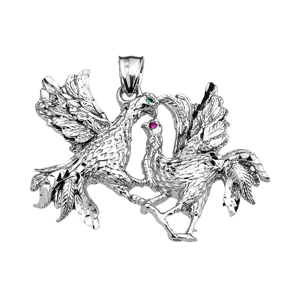 Sterling Silver Red and Green CZ Fighting Roosters Pendant