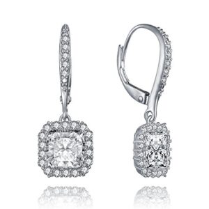 bridal simulated diamond cz halo drop earrings by lux and glam jewelry - heart, round, square and triangle shape (square - white gold)