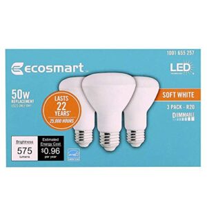 (3-pack) ecosmart br20 soft white led, dimmable, 575-lumen, 2700k, 8-watt (50-watt equivalent) light bulb, e26 medium base