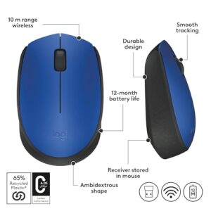 Logitech M170 Wireless Mouse for PC, Mac, Laptop, 2.4 GHz with USB Mini Receiver, Optical Tracking, 12-Months Battery Life, Ambidextrous - Blue