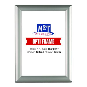 m&t displays opti snap poster frame with support leg 8.5x11 inch silver 1" aluminum profile front loading photo picture document certificate sign holder mitered corner anti glare cover