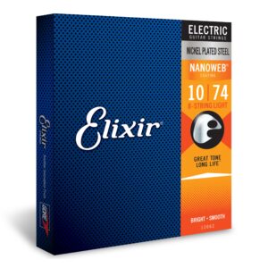 elixir strings, electric guitar strings, nickel plated steel with nanoweb coating, longest-lasting bright tone with comfortable feel, 8 string light 10-74