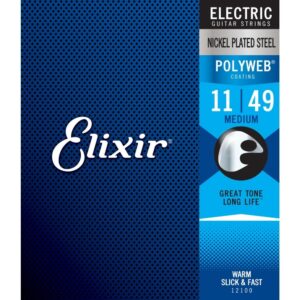 elixir strings, electric guitar strings, nickel plated steel with polyweb coating, longest-lasting warm tone with comfortable feel, 6 string set, medium 11-49