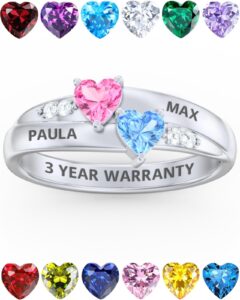 paulamax jewelry promise rings for her – custom engraved birthstone ring for women in sterling silver or white gold – personalized 2 heart birthstones, sizes 5-12